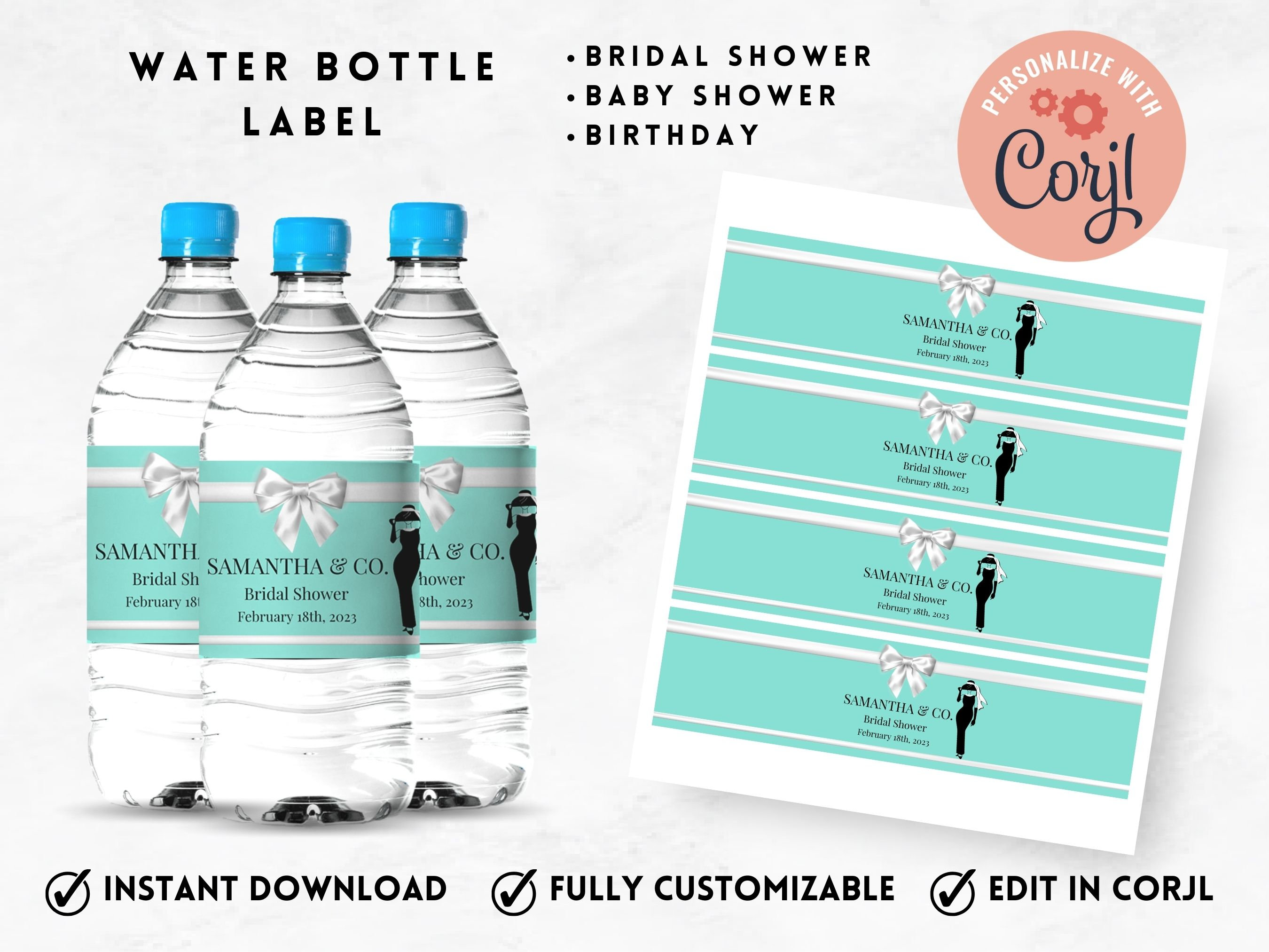 Turquoise and Big White Bow Water Bottle Labels, Tiffany Blue and White ...