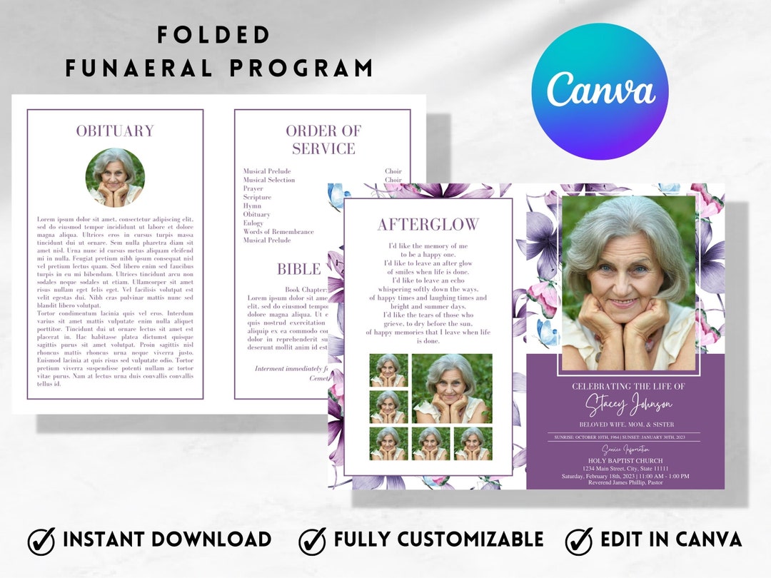 Purple Floral Butterfly Funeral Obituary Template, Folded Funeral ...