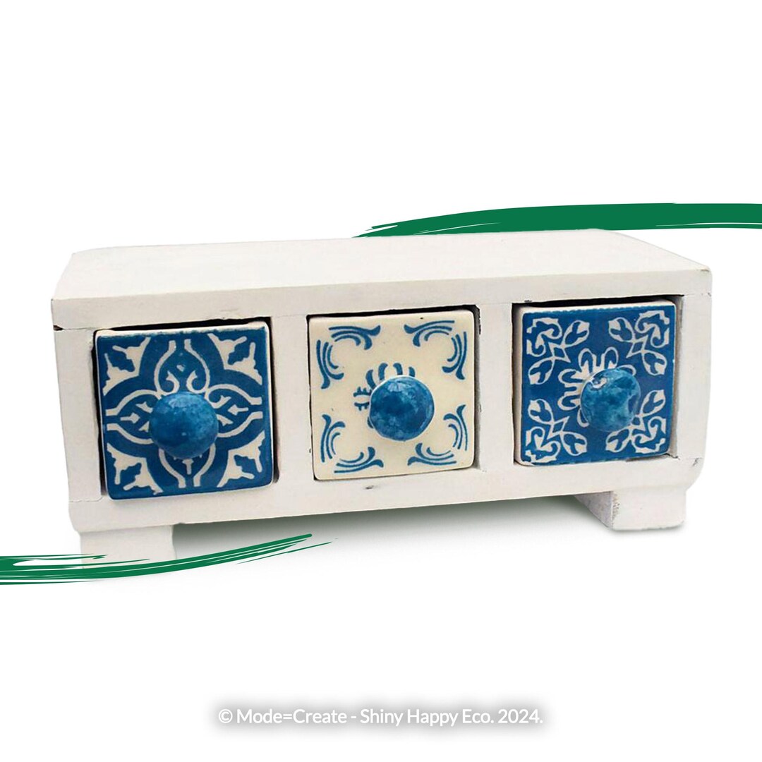 Wooden Mini Chest of 3 Ceramic Drawers - Hand Made - Hand Painted ...