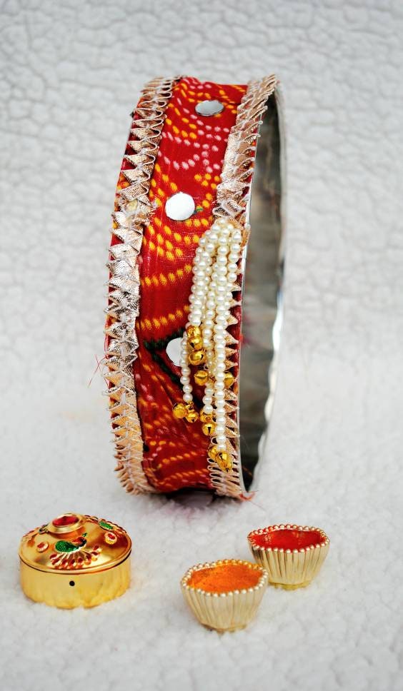Red Chunari With White Beads Design Karwa Chauth Thali - Etsy