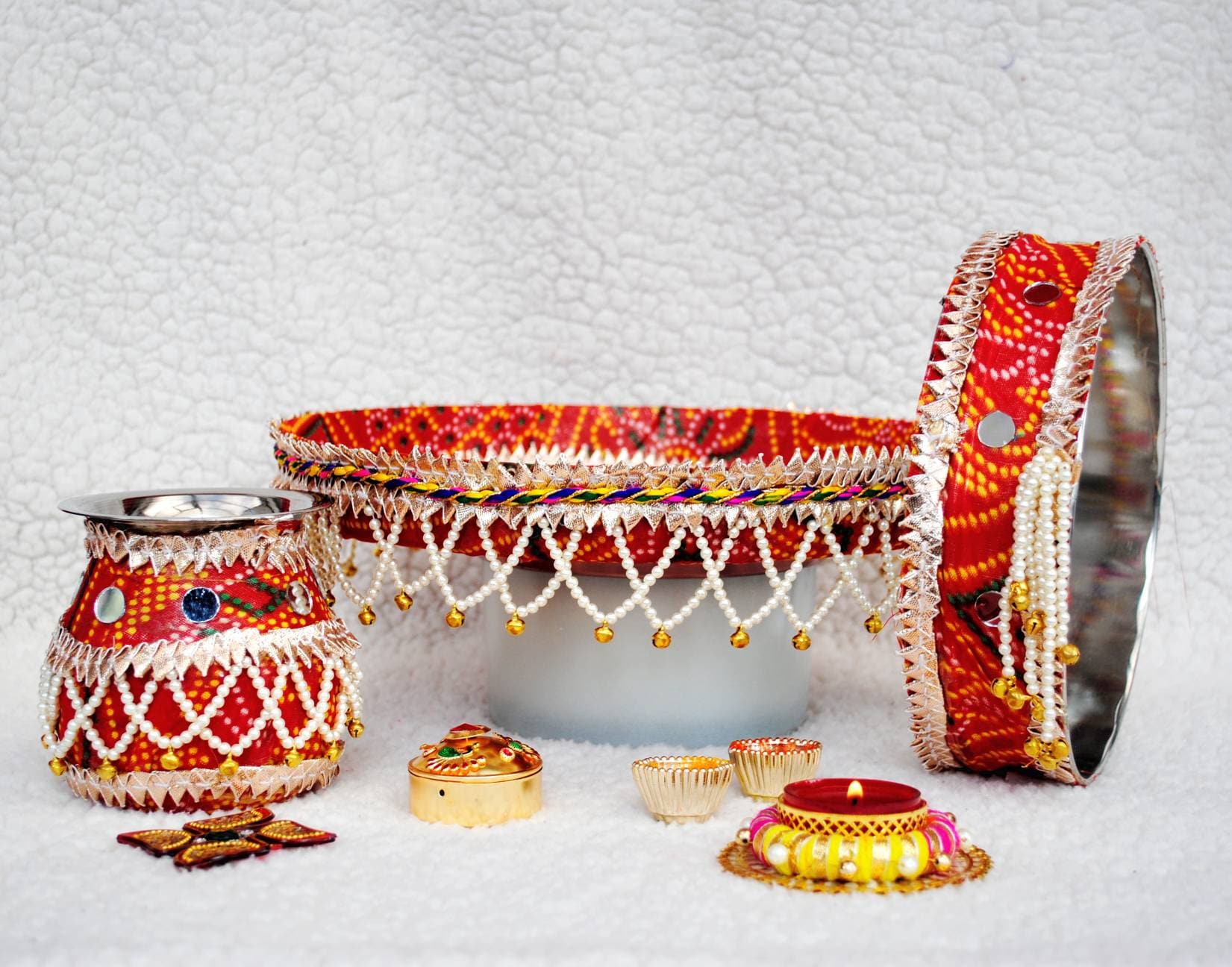 Red Chunari With White Beads Design Karwa Chauth Thali - Etsy