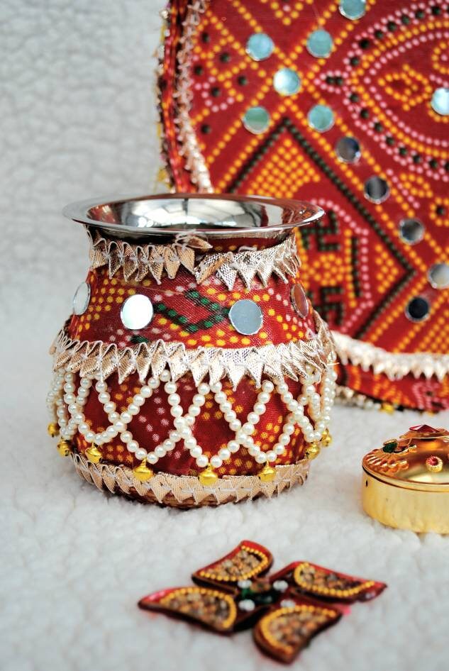 Red Chunari With White Beads Design Karwa Chauth Thali - Etsy
