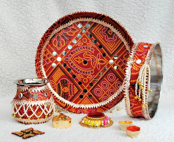 Red Chunari With White Beads Design Karwa Chauth Thali - Etsy