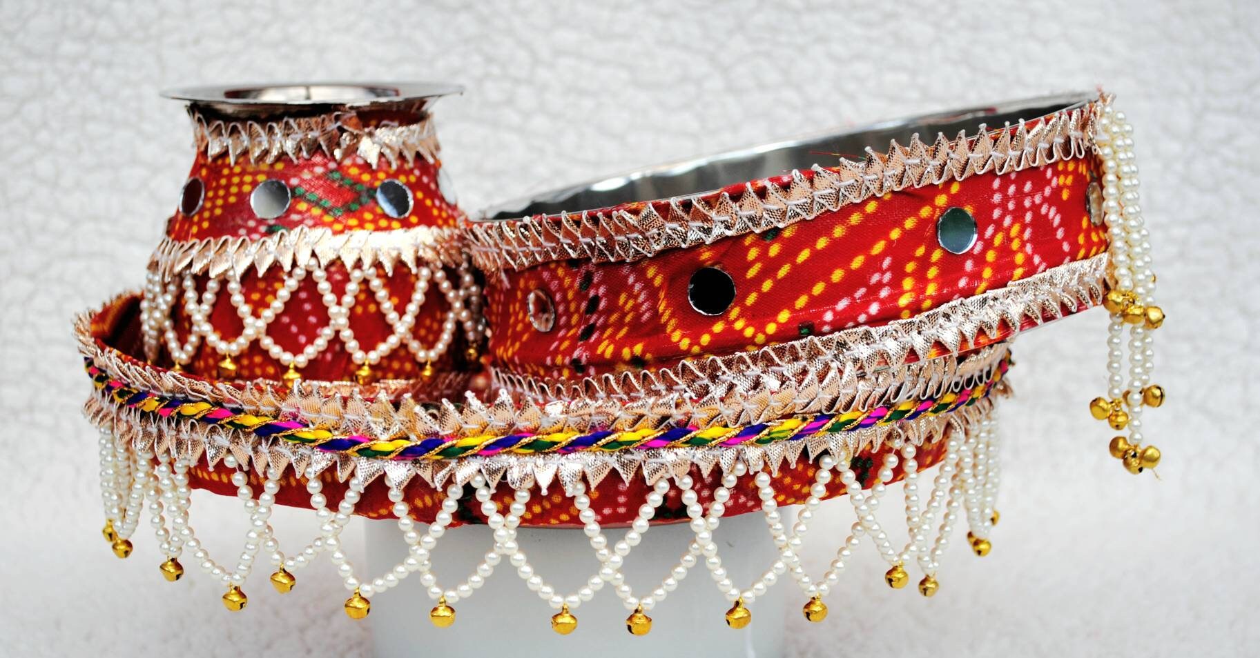 Red Chunari With White Beads Design Karwa Chauth Thali - Etsy