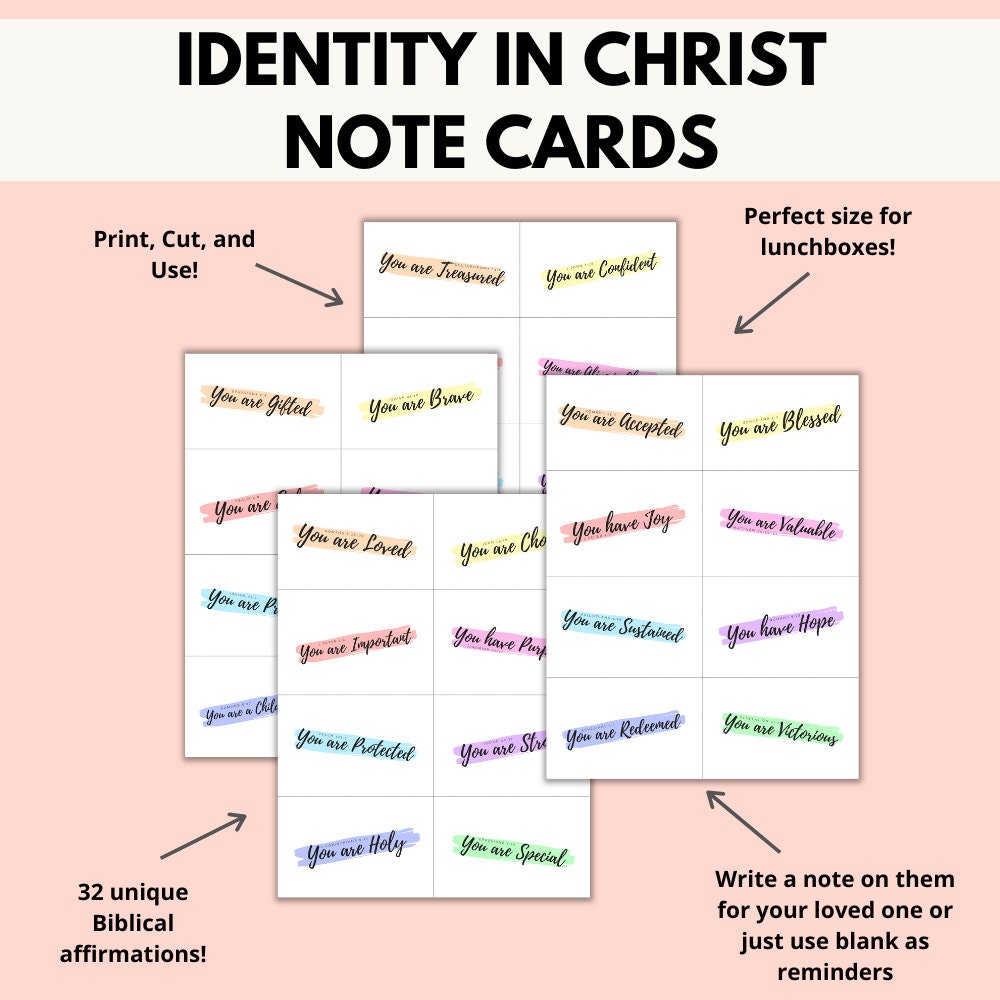 Set of 32 Printable Identity of Christ Note Cards, Biblical Affirmation ...