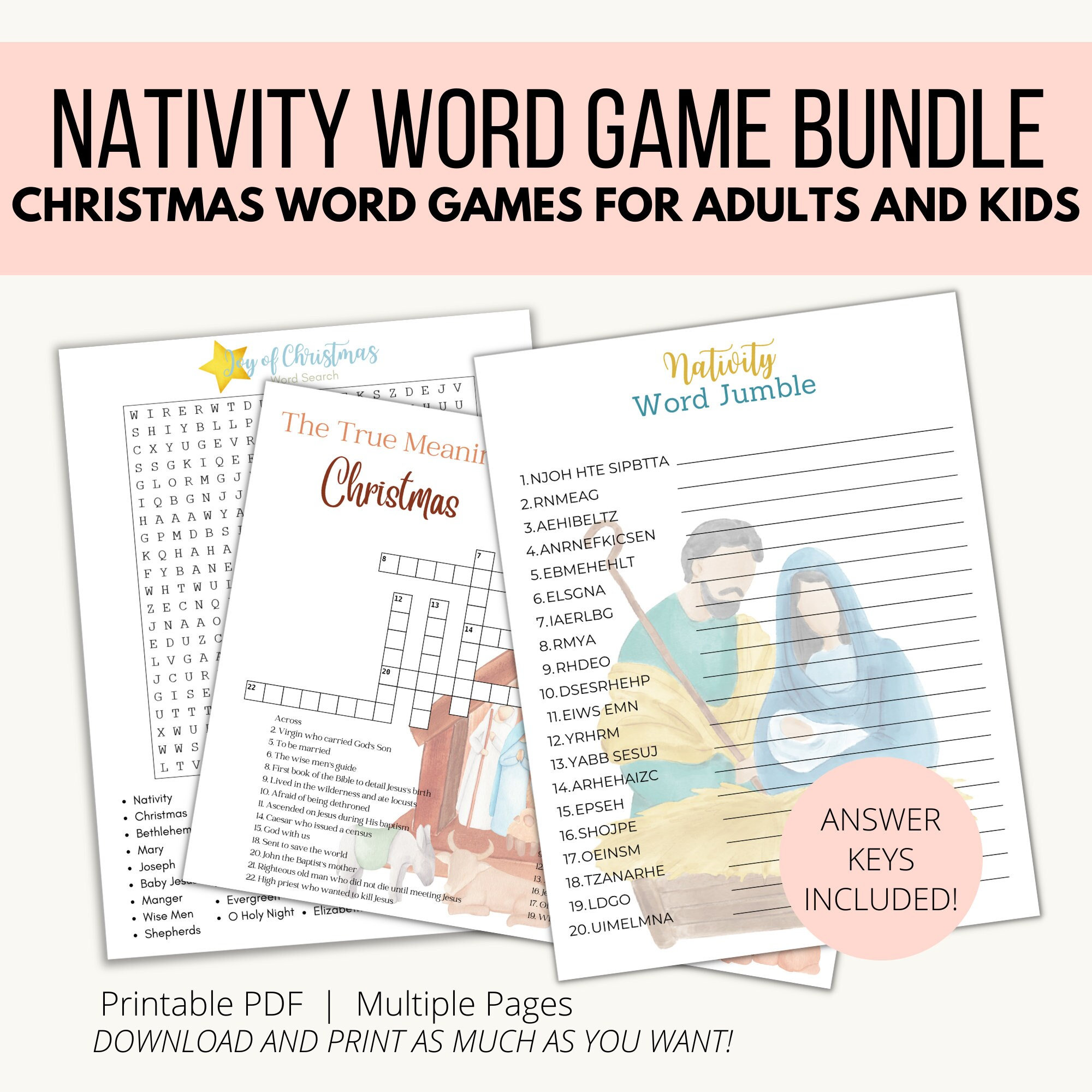 Nativity Word Game Printable Bundle, Christmas Crossword, Word Jumble ...