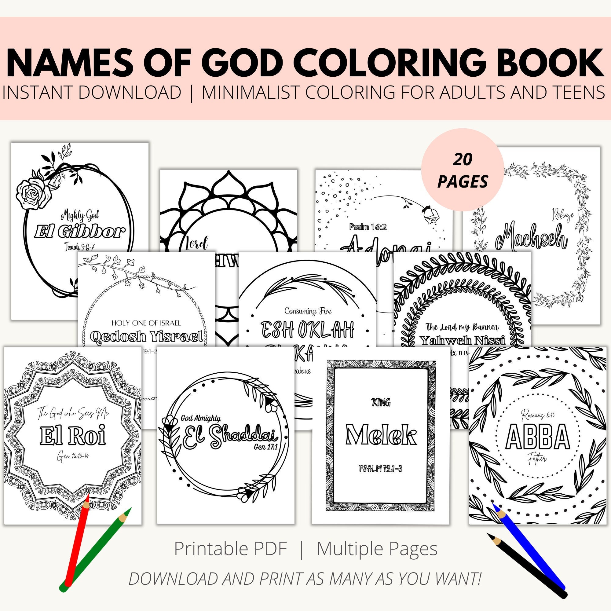 Names of God Minimalist Coloring Book for Adults, Printable Coloring ...