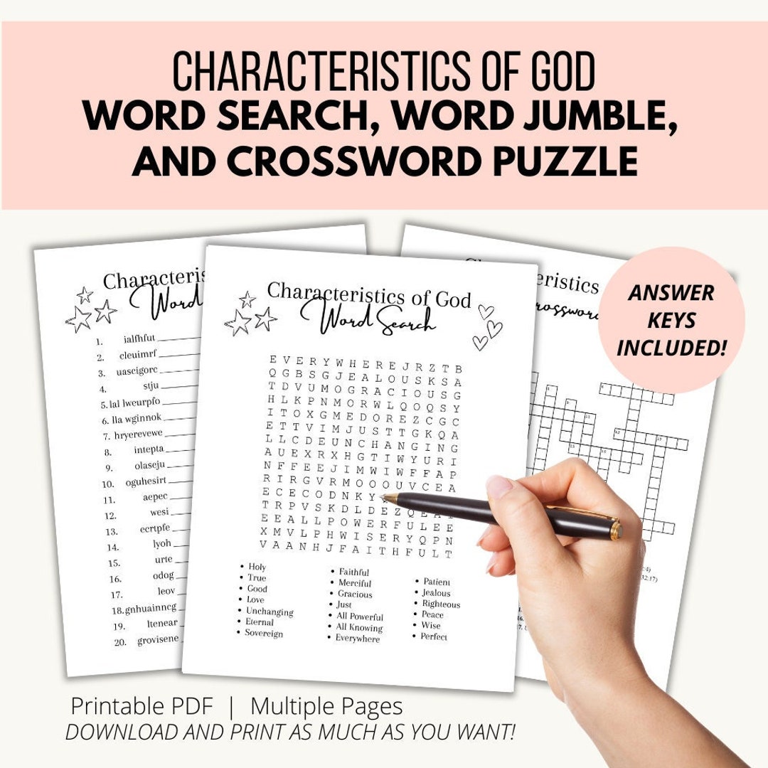 Characteristics of God Word Game Bundle - Crossword Puzzle, Word Search ...