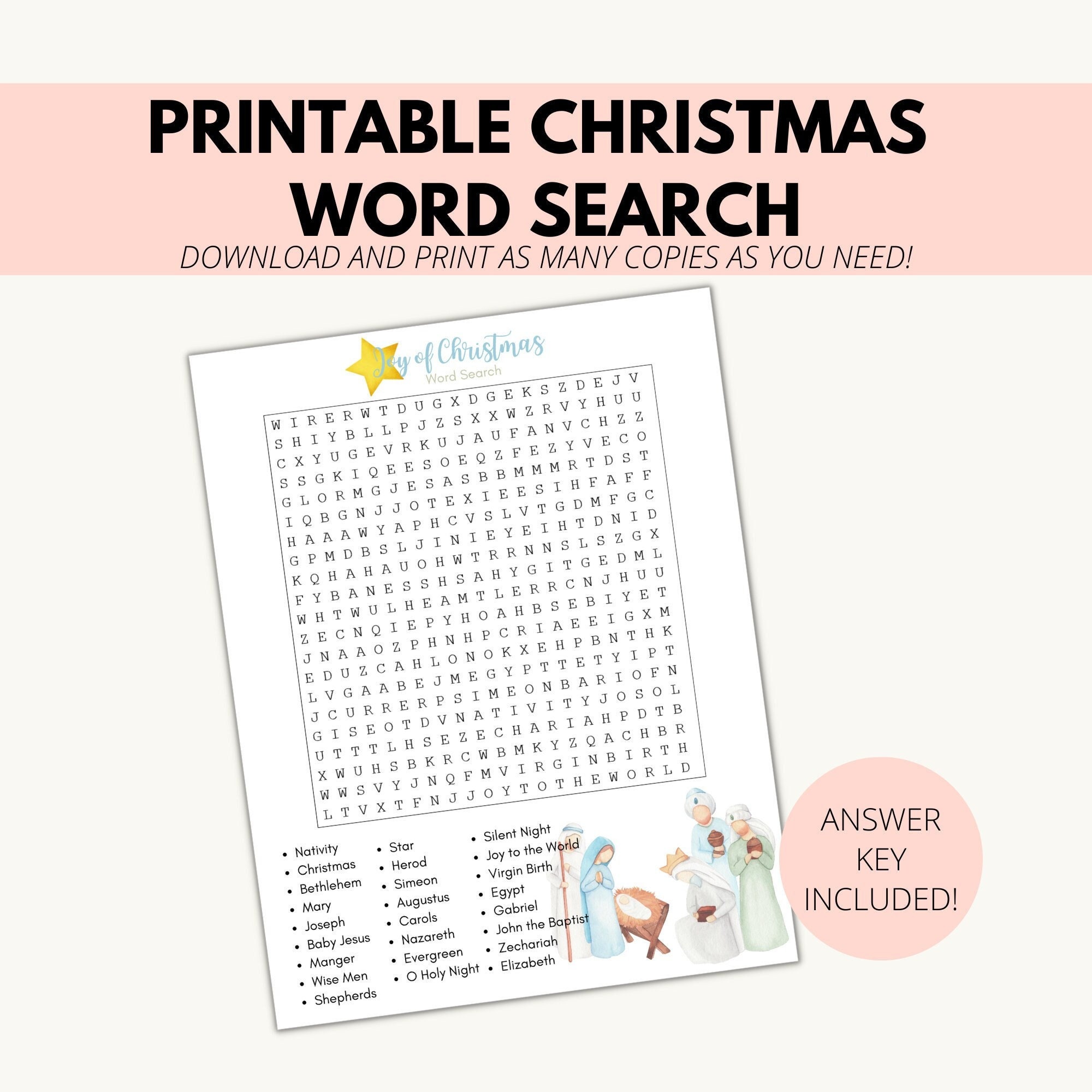 Nativity Word Search Printable, Christmas Word Game, Religious Word ...