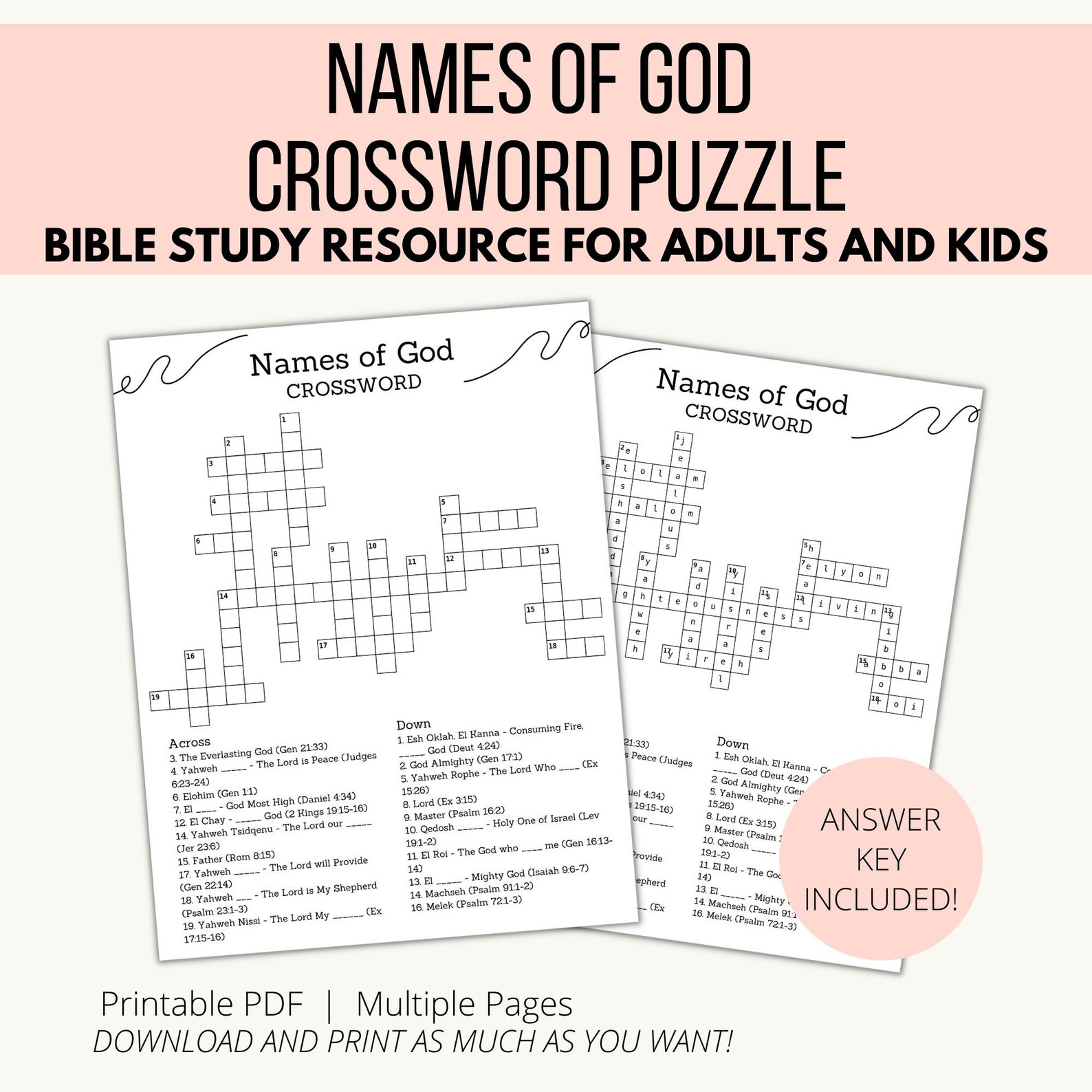 Names of God Crossword Puzzle, Printable Crossword for Kids and Adults ...