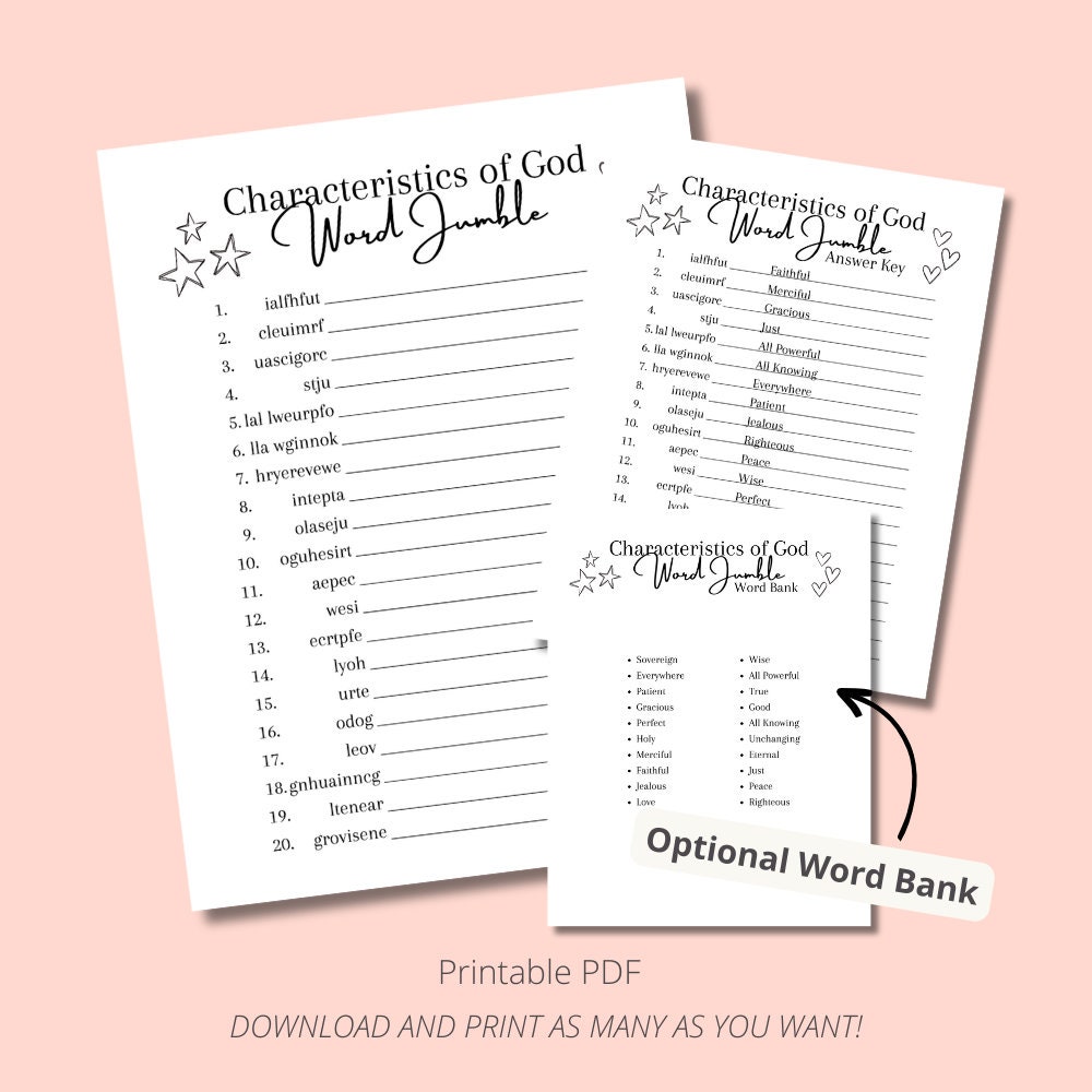 Characteristics of God Word Game Bundle - Crossword Puzzle, Word Search ...