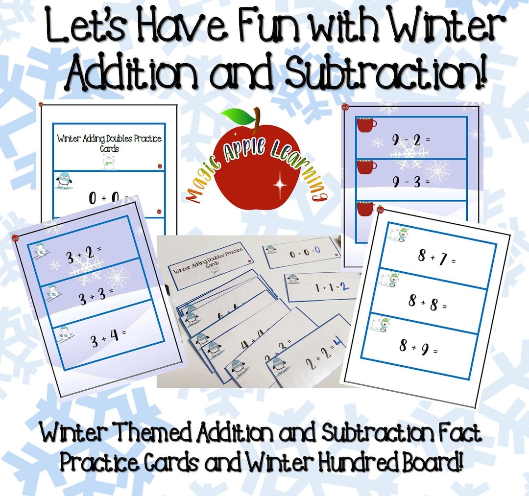 Addition and Subtraction Flashcards Winter Themed With Winter Hundred ...