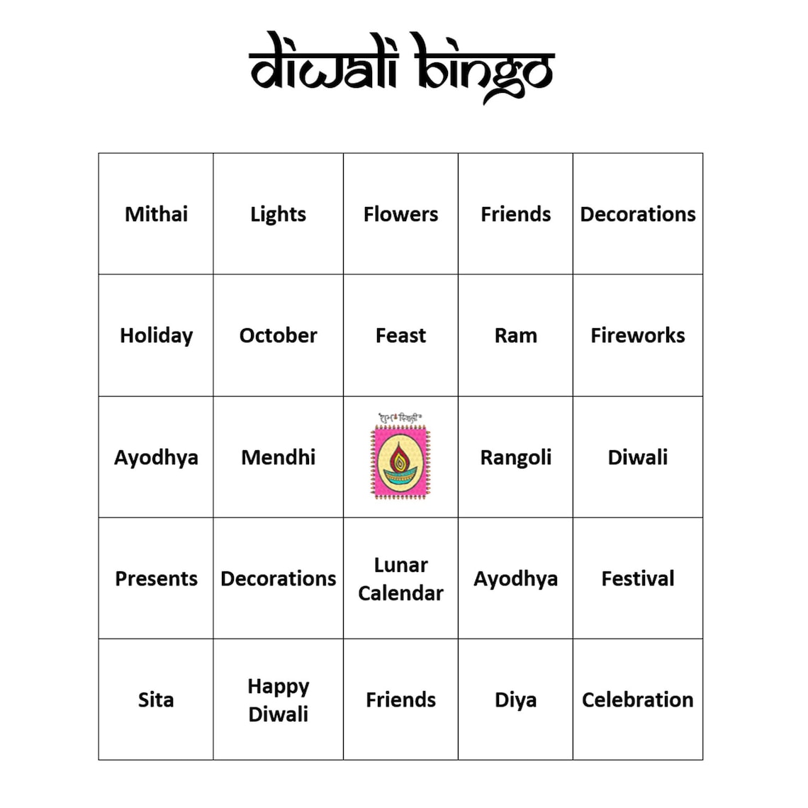 Diwali Bingo for 25 People | Easy to Print @ Home - Etsy