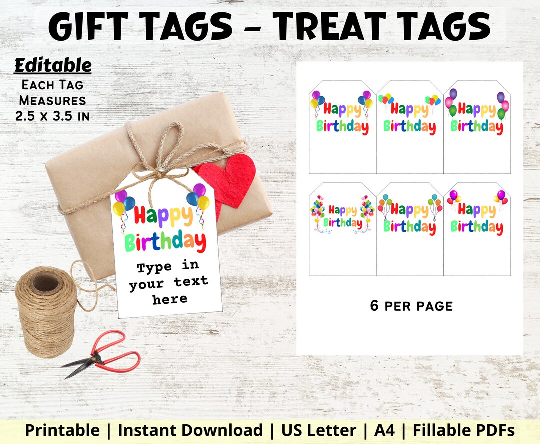 Printable Happy Birthday Gift Tag, Editable Favor Treat Tag, Gift Tag ...