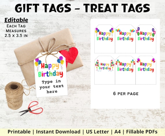 Printable Happy Birthday Gift Tag Editable Favor Treat Tag - Etsy
