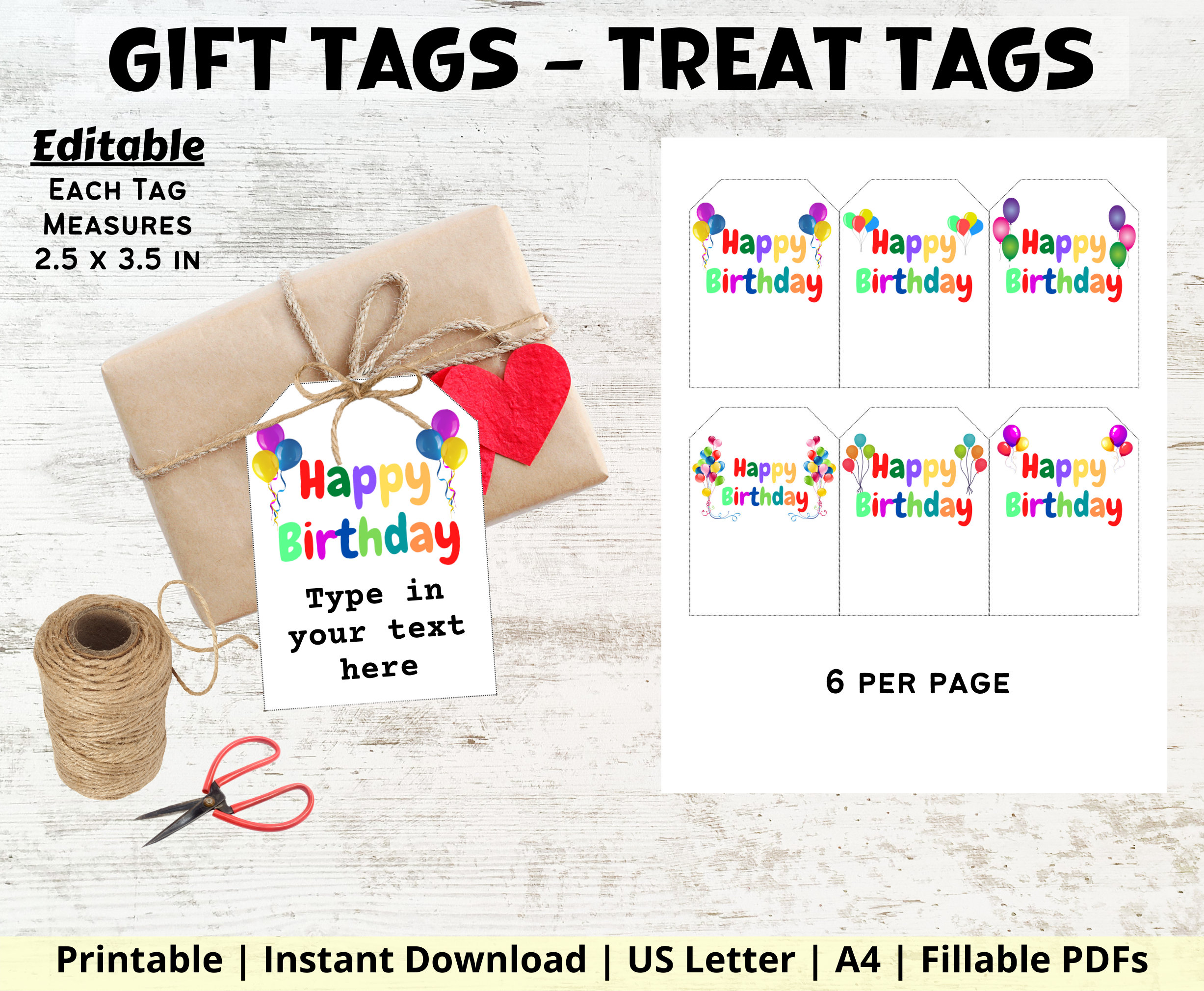Printable Happy Birthday Gift Tag, Editable Favor Treat Tag, Gift Tag ...