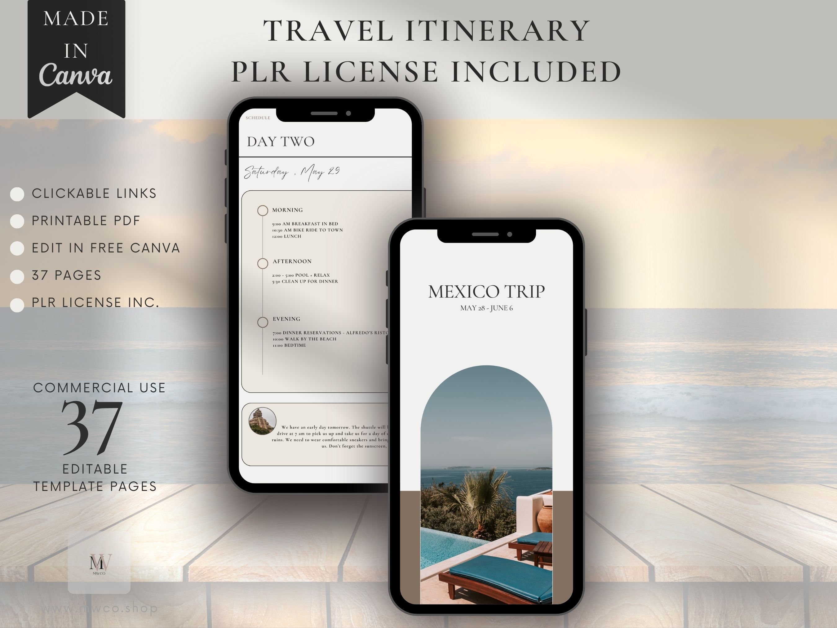 Travel Itinerary Aesthetic Minimalist, PLR Canva Template, Mobile Travel Planner, Vacation and ...