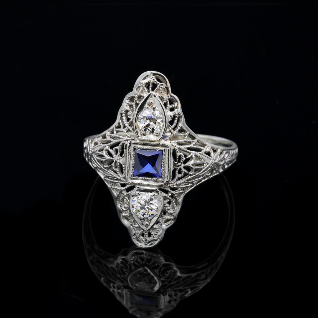 Art Deco 18k White Gold Diamond & Lab-created Sapphire Filigree Shield ...