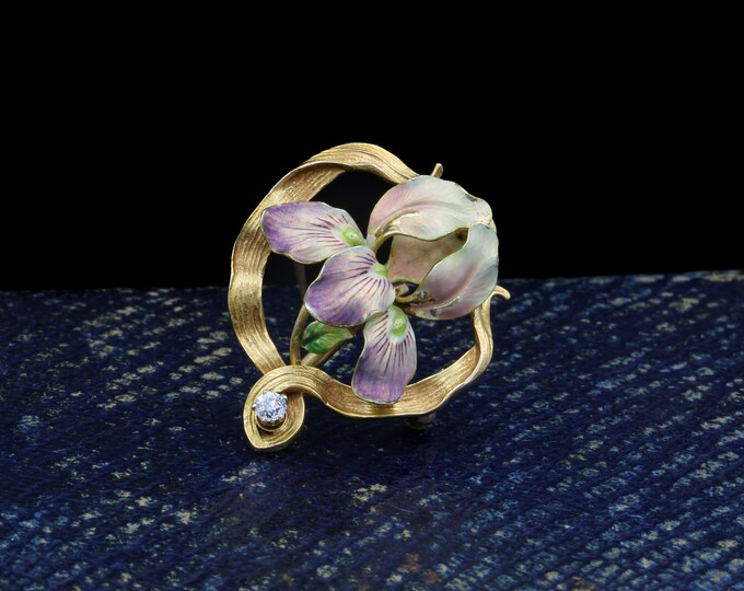 Antique 16k Yellow Gold Art Nouveau Transitional Cut Diamond Enamel ...