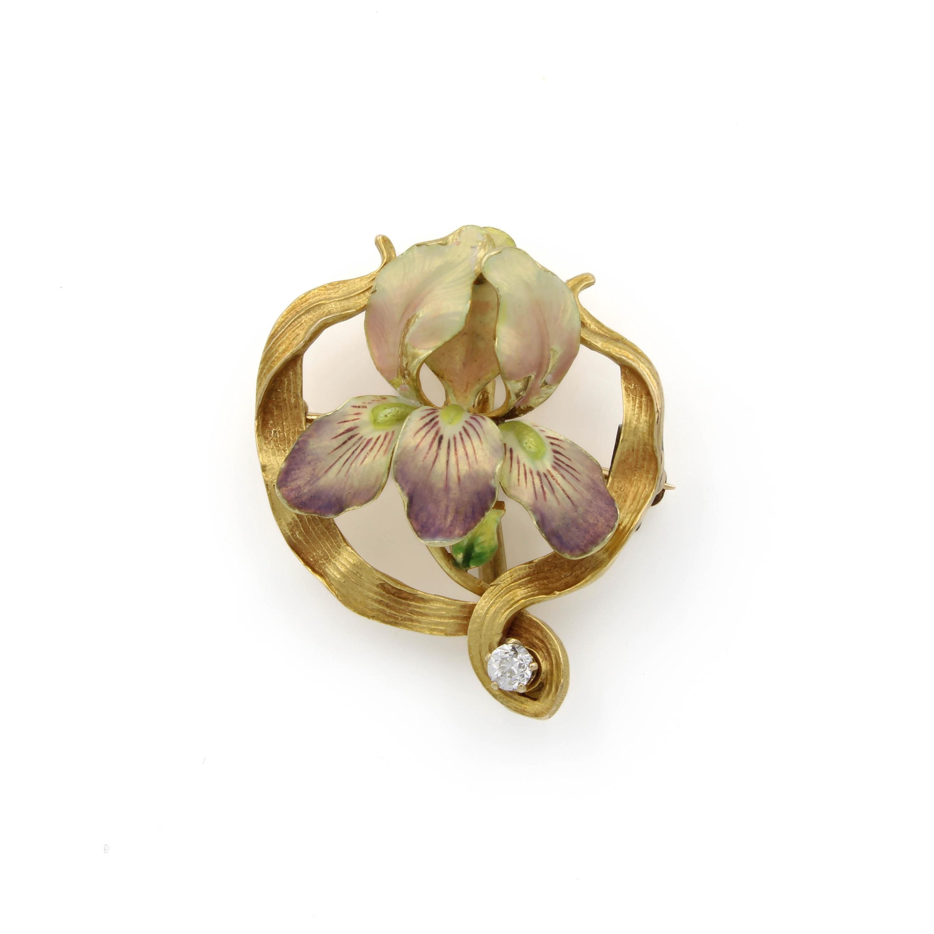 Antique 16k Yellow Gold Art Nouveau Transitional Cut Diamond Enamel ...