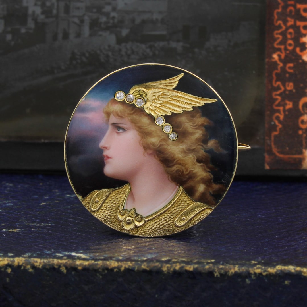 Victorian 18k Yellow Gold Single Cut Diamond Painted Valkyrie Porcelain ...