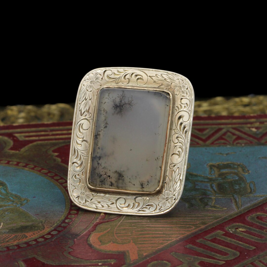 Antique 14k Yellow Gold Dendritic Agate Rectangle Buff Top Ring Size 5 ...