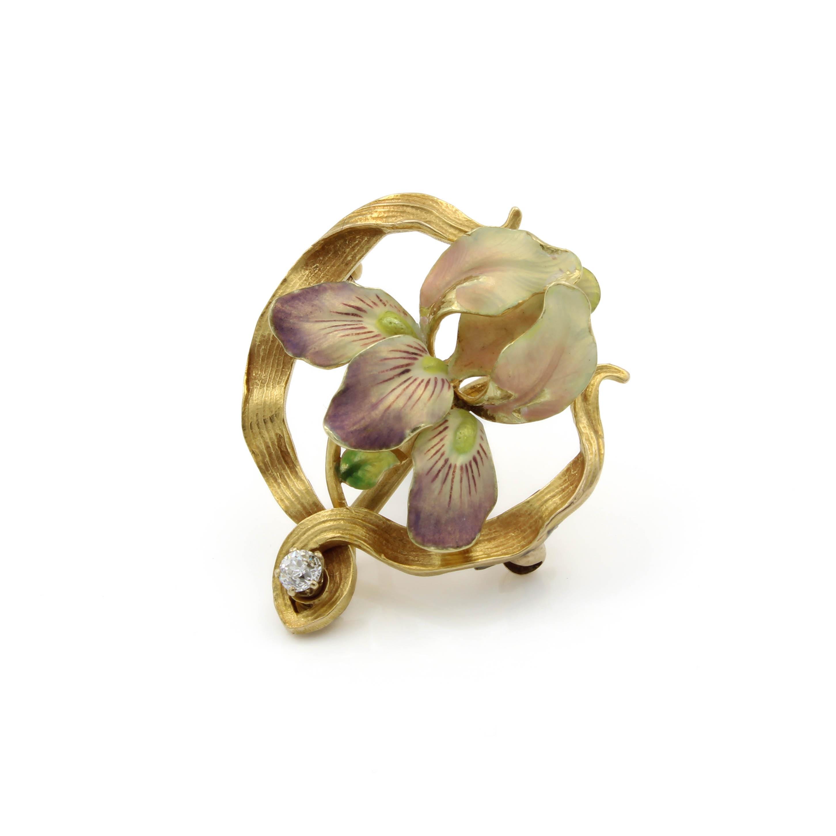 Antique 16k Yellow Gold Art Nouveau Transitional Cut Diamond Enamel ...