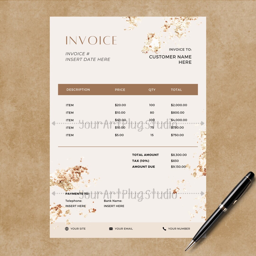 Editable Invoice| Neutral Gold Flakes Design | Canva - Etsy
