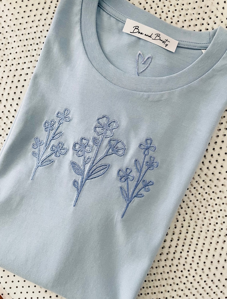 Embroidered Organic Cotton Forget Me Not T-shirt, Flowers, Forget Me ...