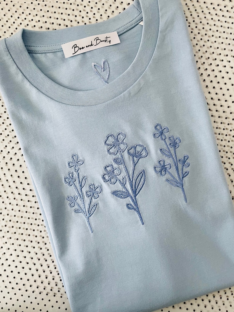 Embroidered Organic Cotton Forget Me Not T-shirt, Flowers, Forget Me ...