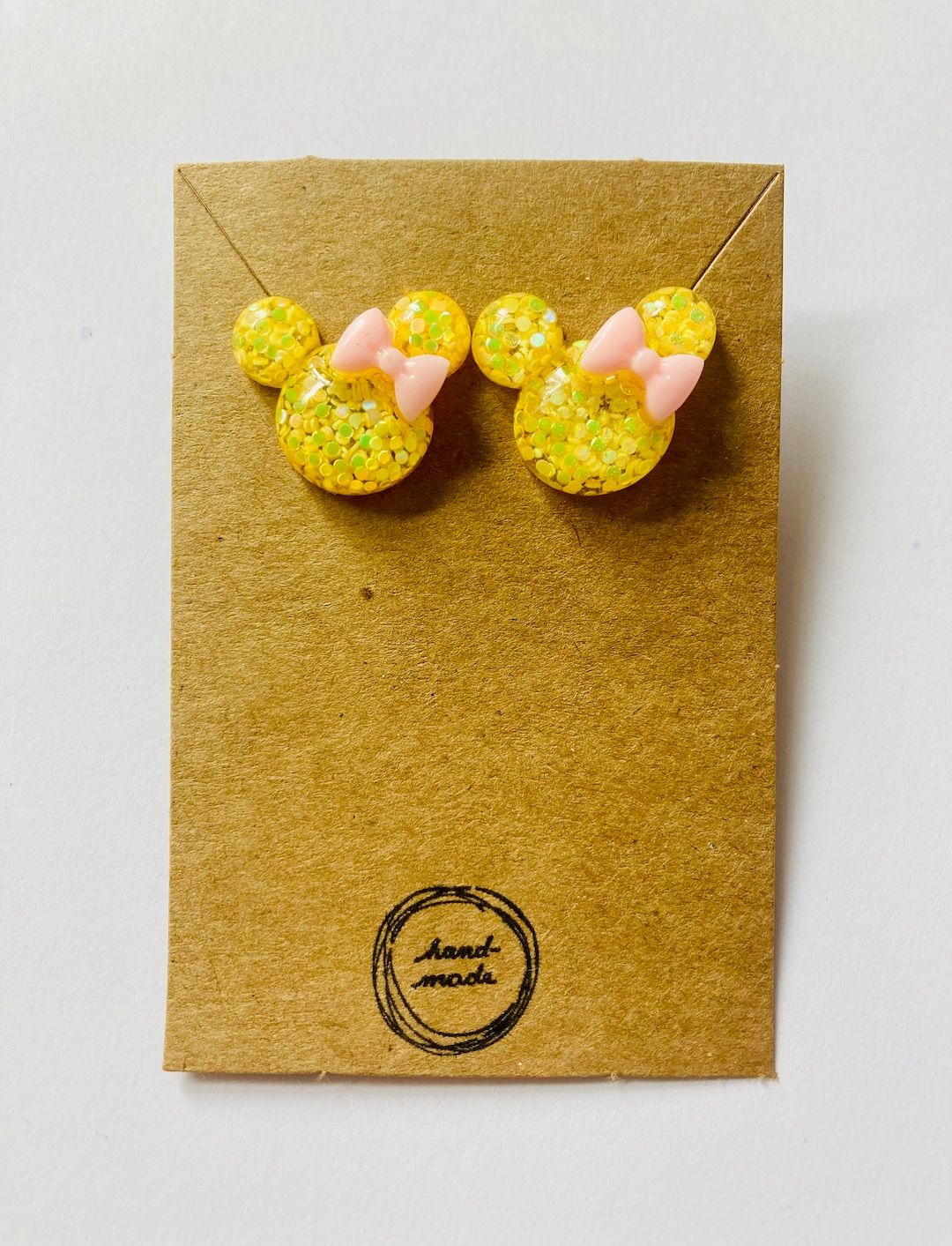 Handmade, Yellow Glittery Minnie Mouse Ears Stud Earrings - Etsy