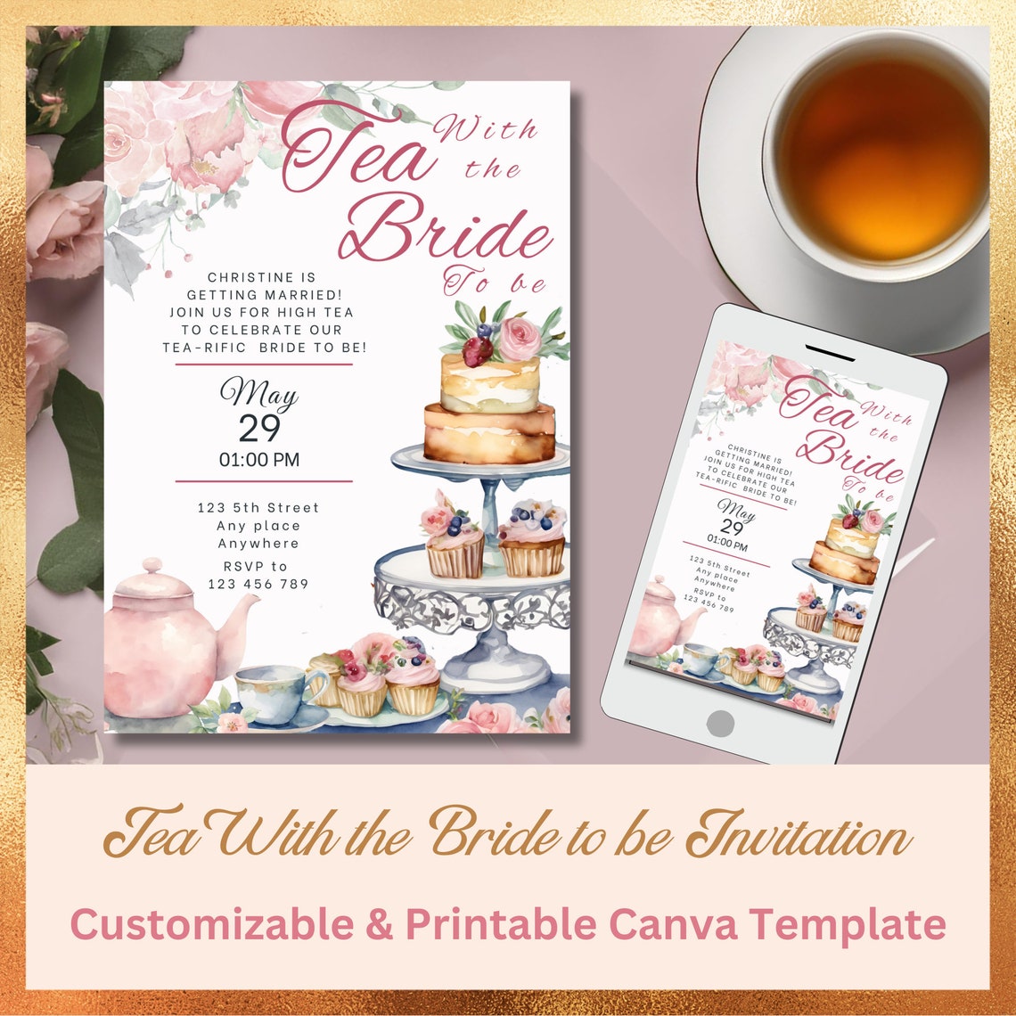 Tea With the Bride to Be Invitation | Printable Canva Template | Bridal ...