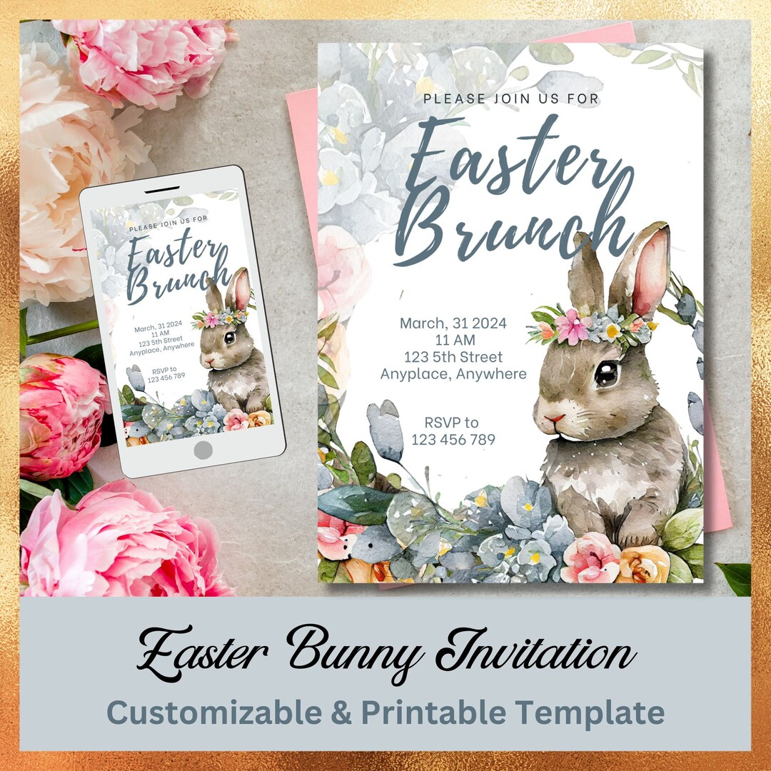 Floral Easter Bunny Invitation | Customizable Printable Canva Template ...