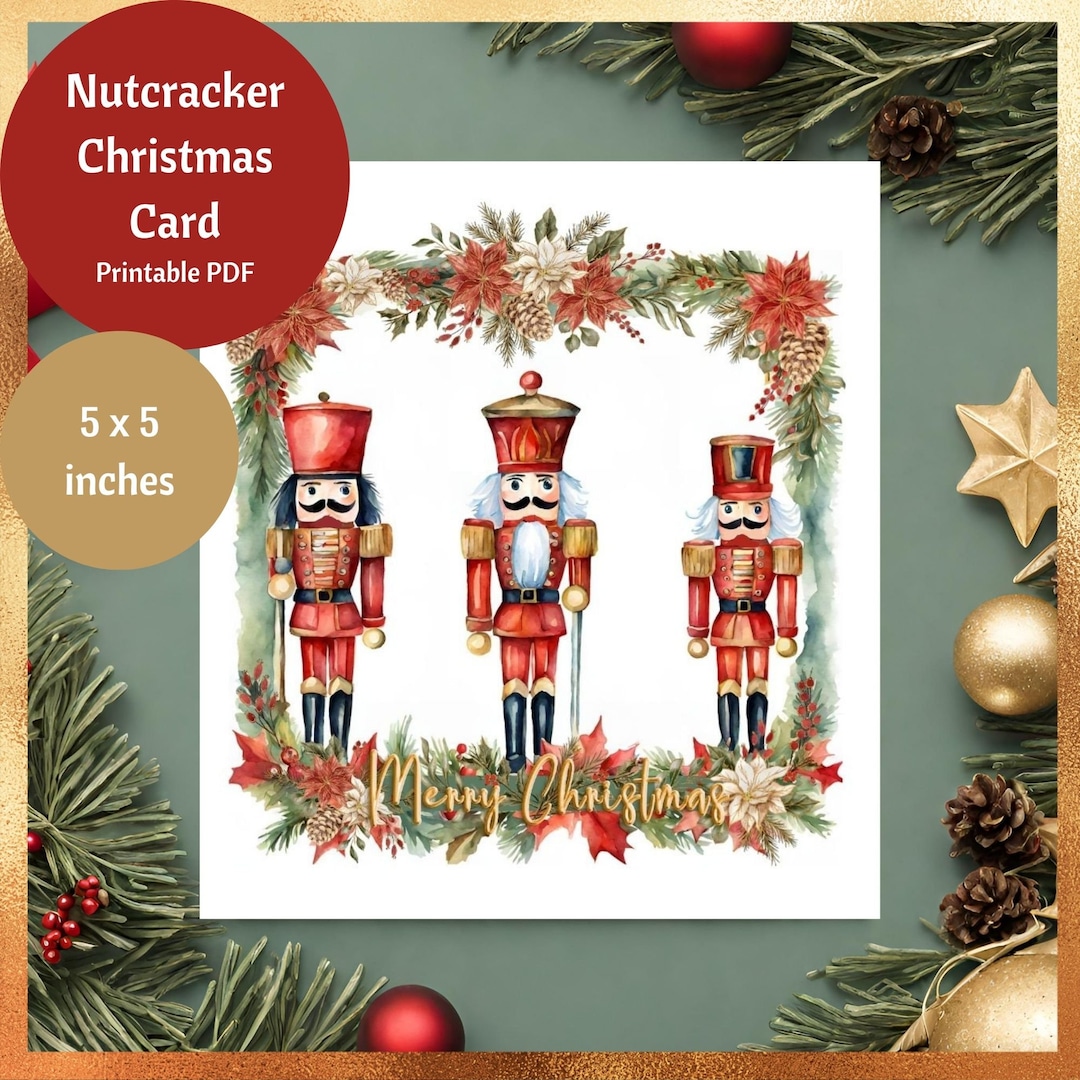 Nutcracker Poinsettia Christmas Card Printable Instant Download Blank ...