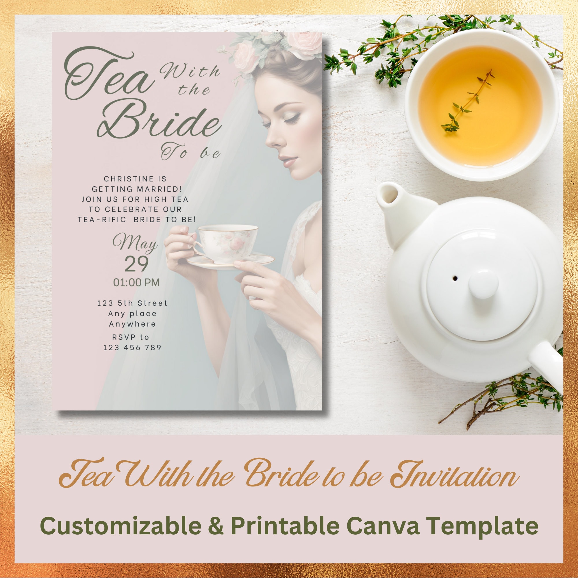 Tea With the Bride to Be Invitation Printable Canva Template Bridal ...