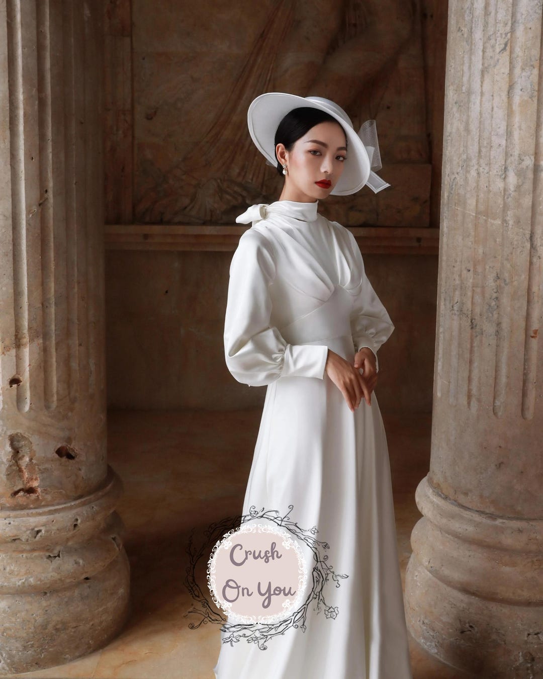 So Elegant Victorian High Collar Wedding Dress Bow Tie at Neck Vintage ...