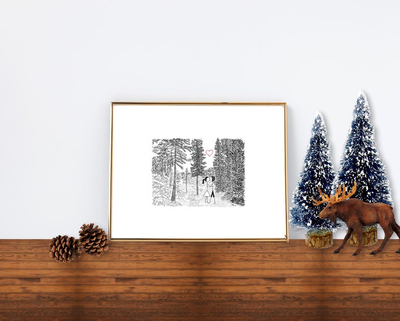 Art Print / Romantic Stick Figure Couple Kissing on a Hike in the ...