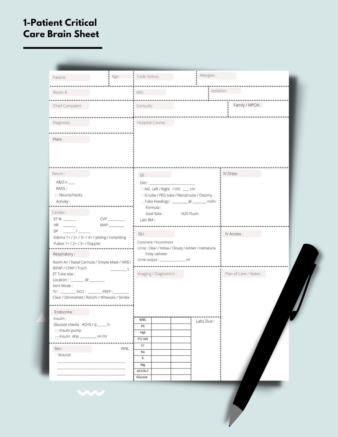 1 Patient ICU / Critical Care / Stepdown Brain Sheet - Etsy