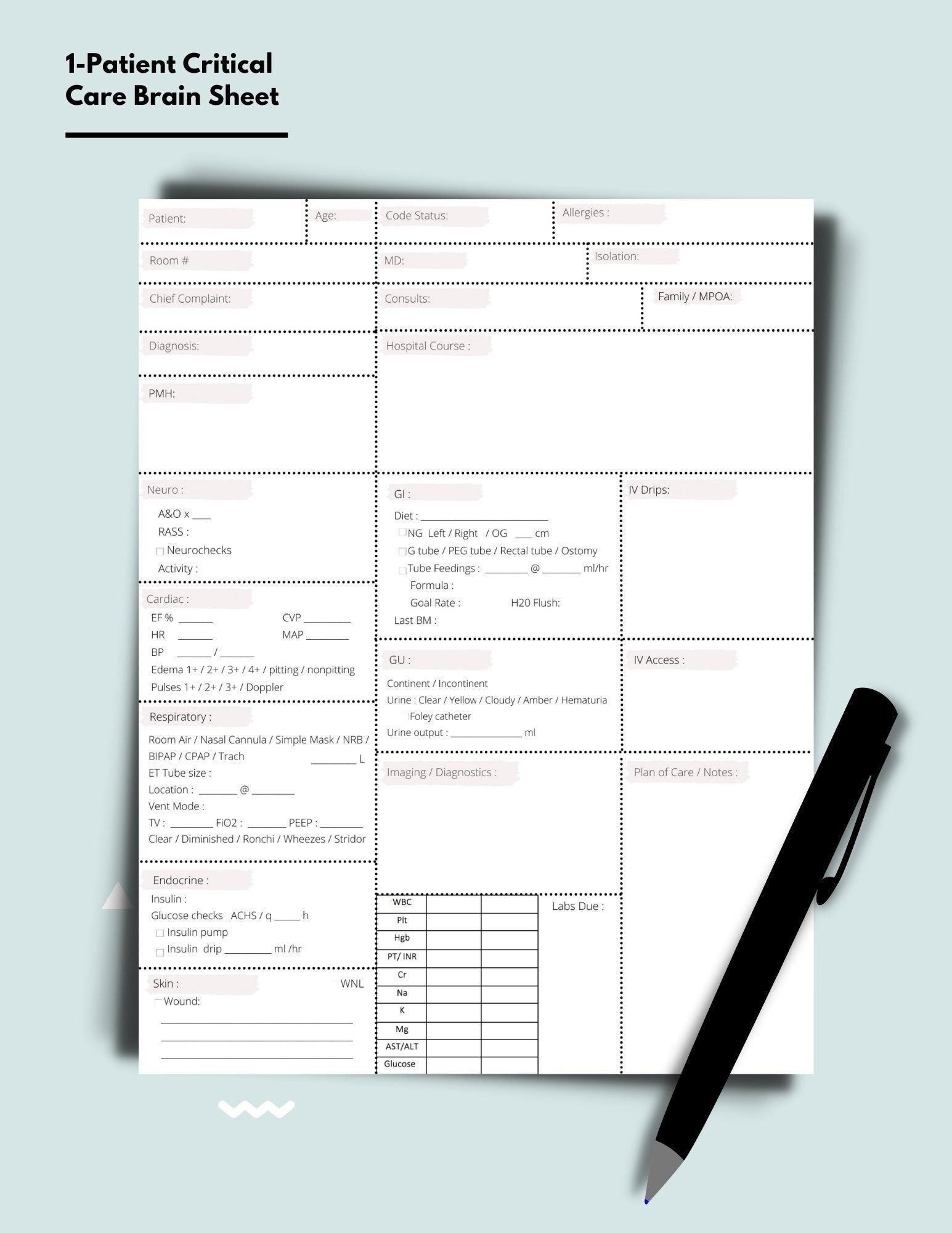 1 Patient ICU / Critical Care / Stepdown Brain Sheet - Etsy
