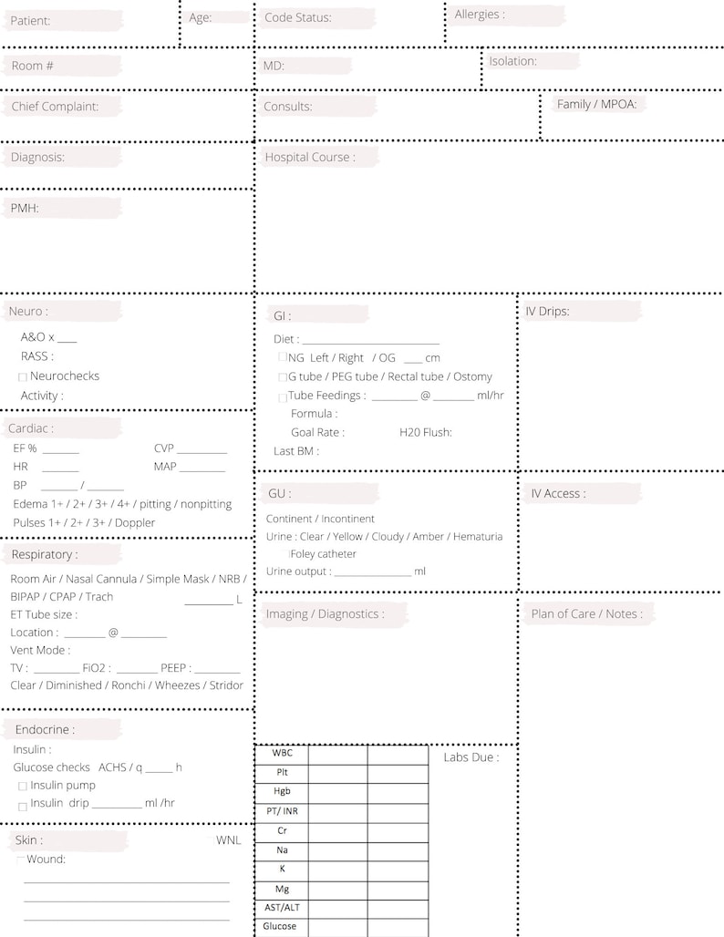 1 Patient ICU / Critical Care / Stepdown Brain Sheet - Etsy