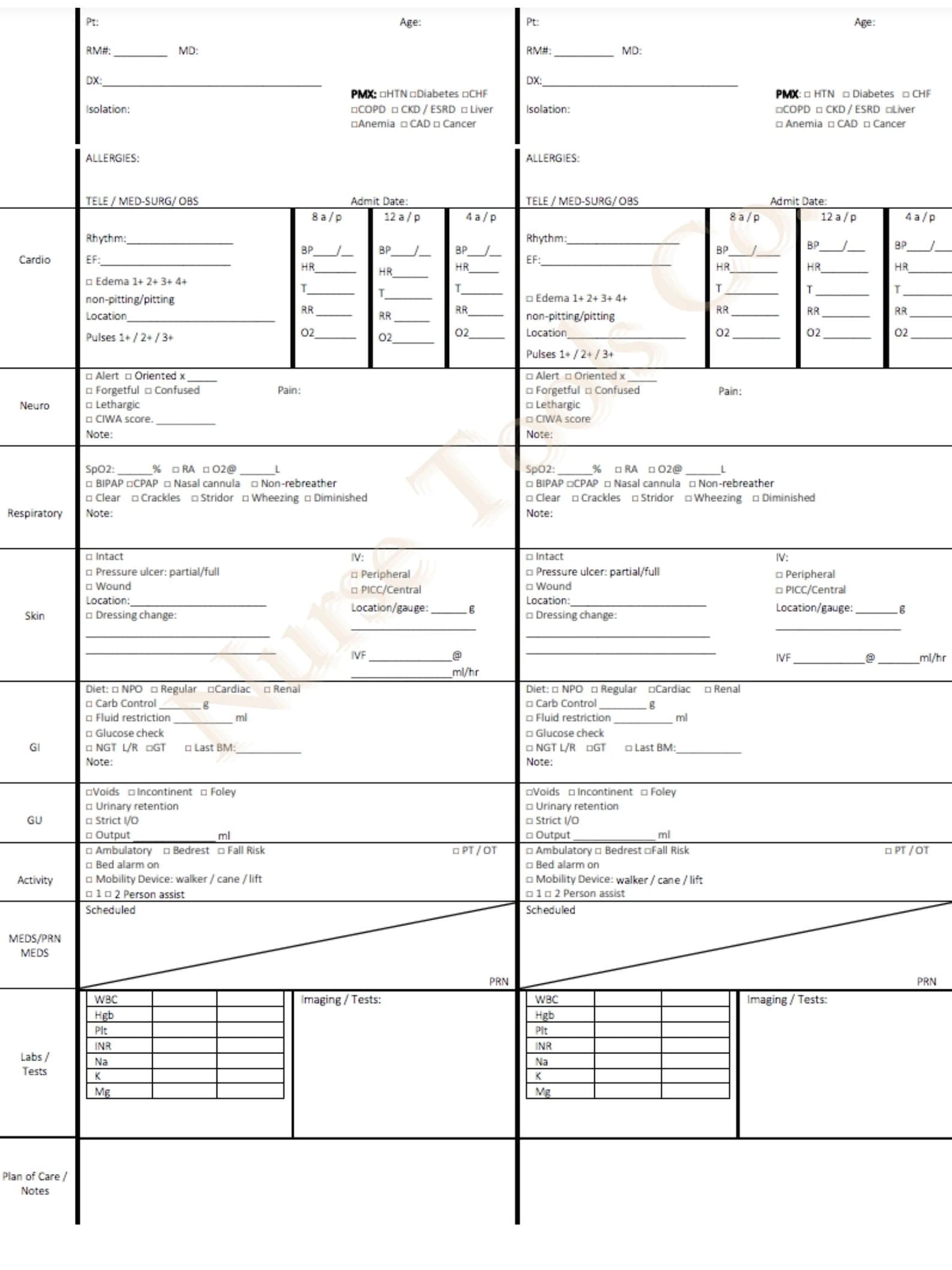 2 or 4 Patient Nurse Report / Brain Sheet - Etsy