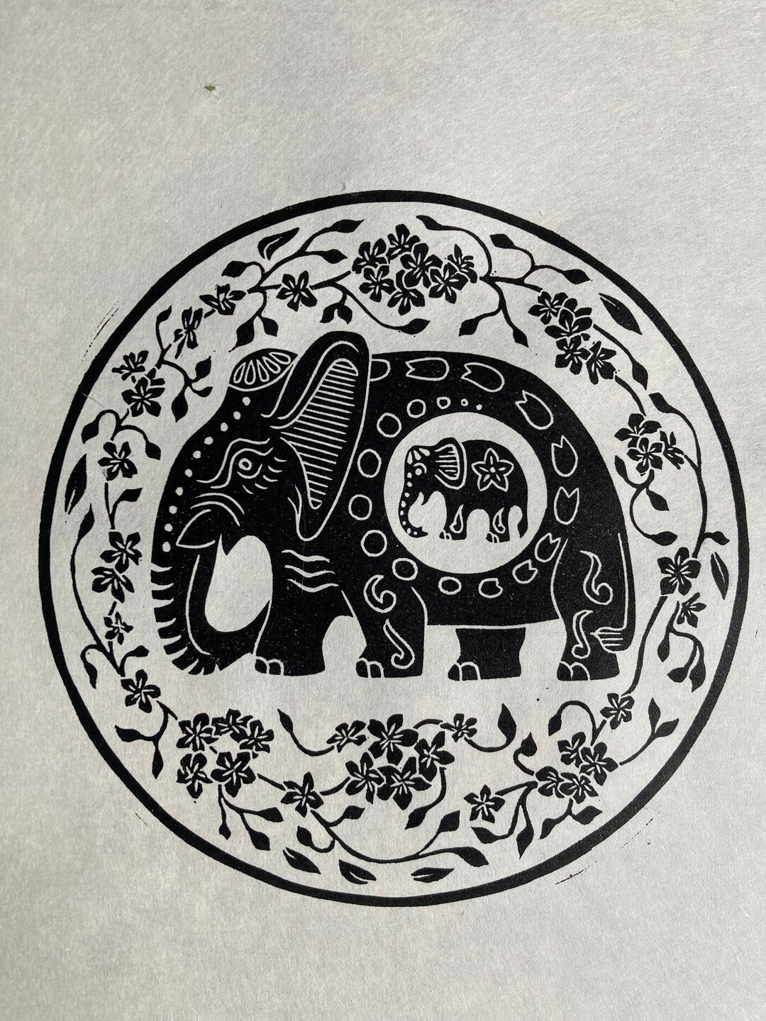 Elephant and Child Forget Me Not Limited Edition Lino Print Black on ...