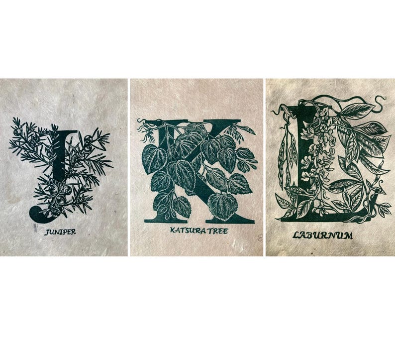 Letter K L Tree Alphabet Series Lino Print - Juniper, Katsura Tree ...