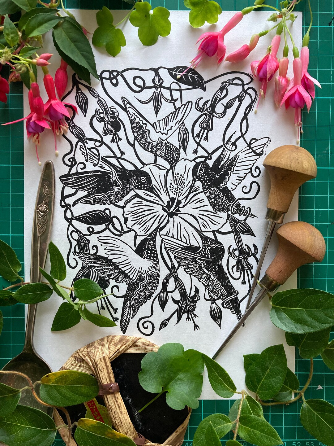 Hummingbird Limited Edition Lino Art Print Black 'in Flight Meal' - Etsy