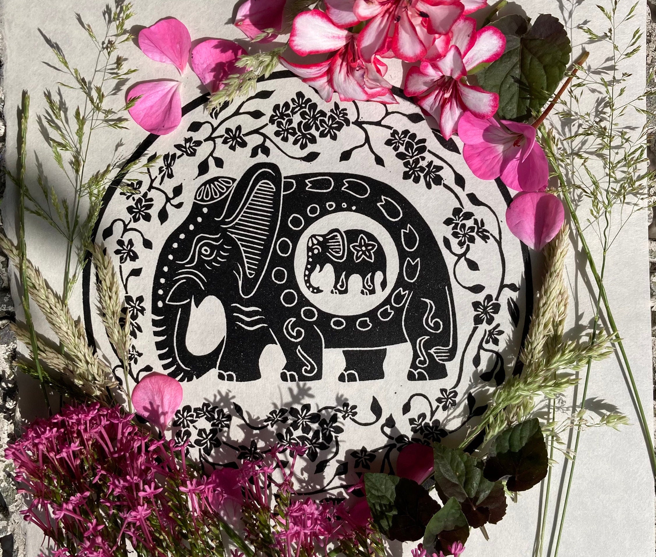 Elephant and Child Forget Me Not Limited Edition Lino Print - Etsy