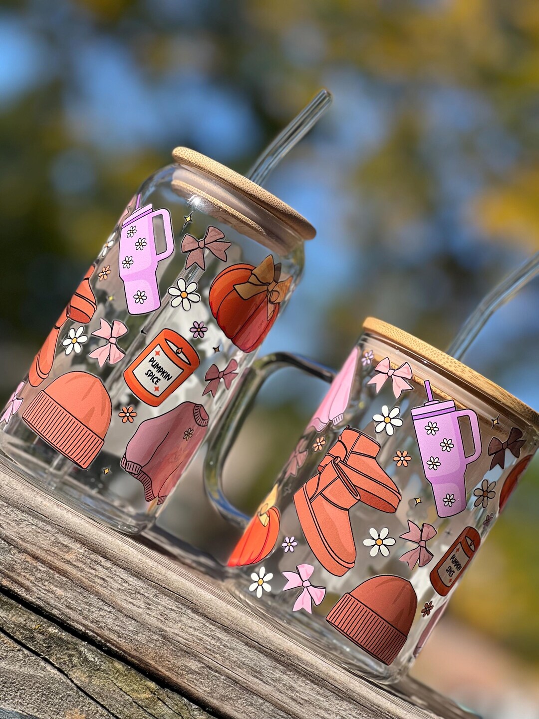 Fall Season Glass Cup, Cozy Girl Design, Bamboo Lid, 16oz Libbey Glass ...