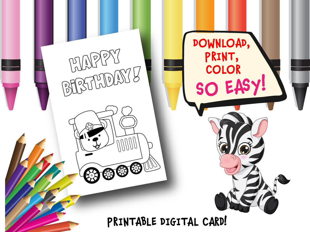 Printable BIRTHDAY Coloring Card, Printable Train Card, Birthday Card ...