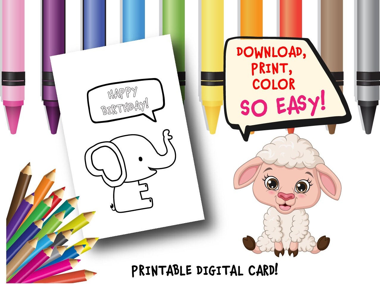 Printable HAPPY BIRTHDAY Card, Printable Card Elephant, Birthday Card ...