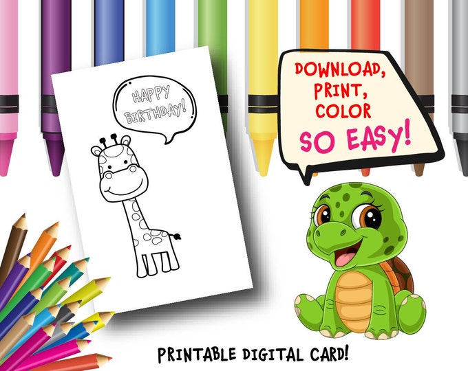 Printable GIRAFFE Card, Happy Birthday Printable Card, Digital Coloring ...