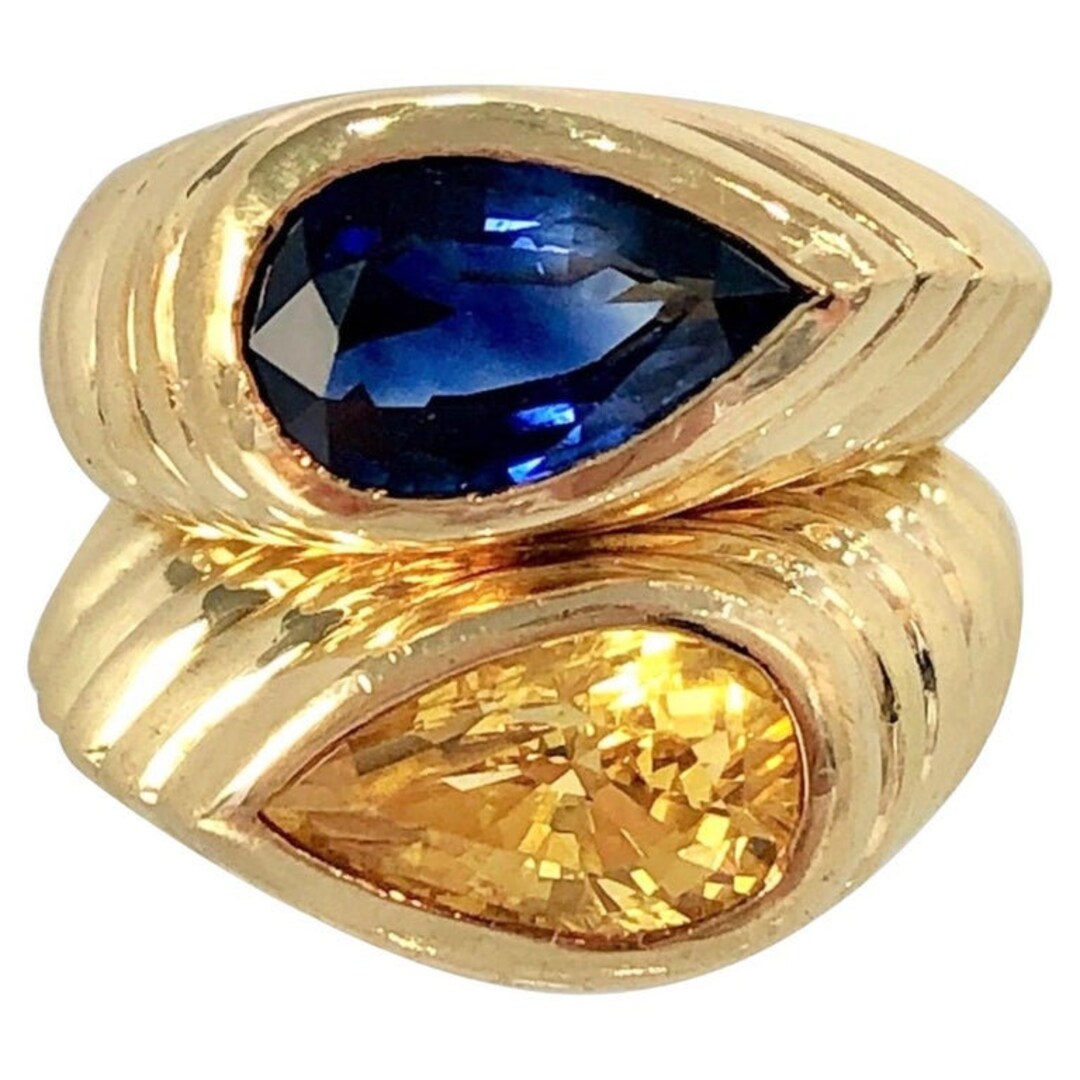 Pair of Fluted Gold Rings With Pear Shaped Blue and Yellow - Etsy